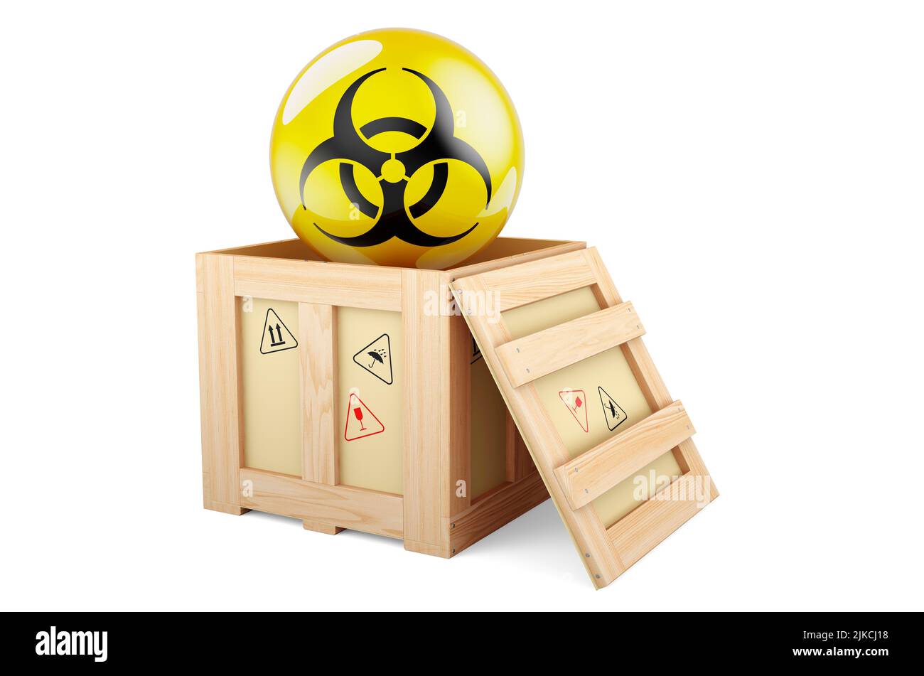 Wooden box, parcel with biohazard symbol. 3D rendering isolated on ...