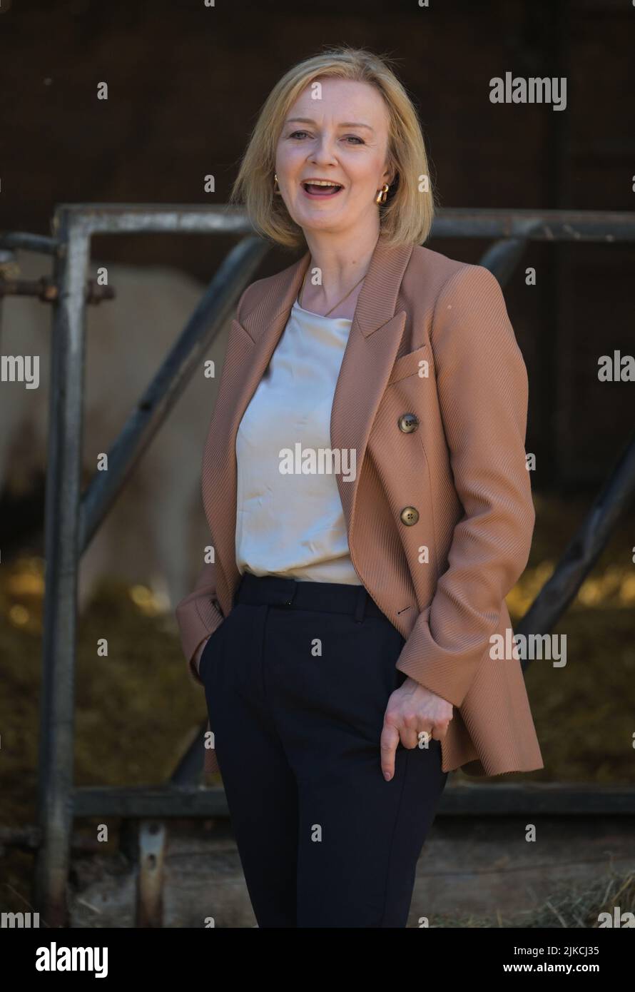 Liz Truss, during her visit to Twelve Oaks Farm in Newton Abbot, Devon ...