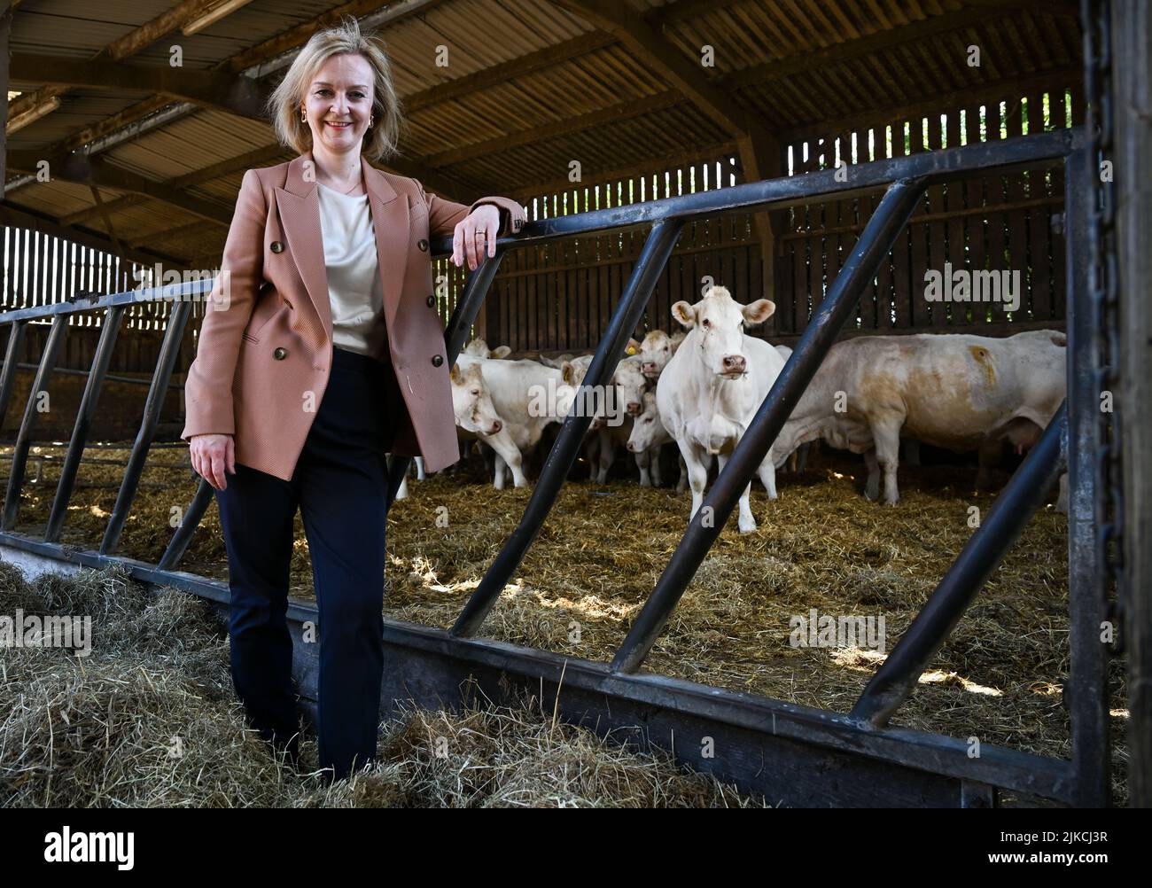 Liz Truss, during her visit to Twelve Oaks Farm in Newton Abbot, Devon ...