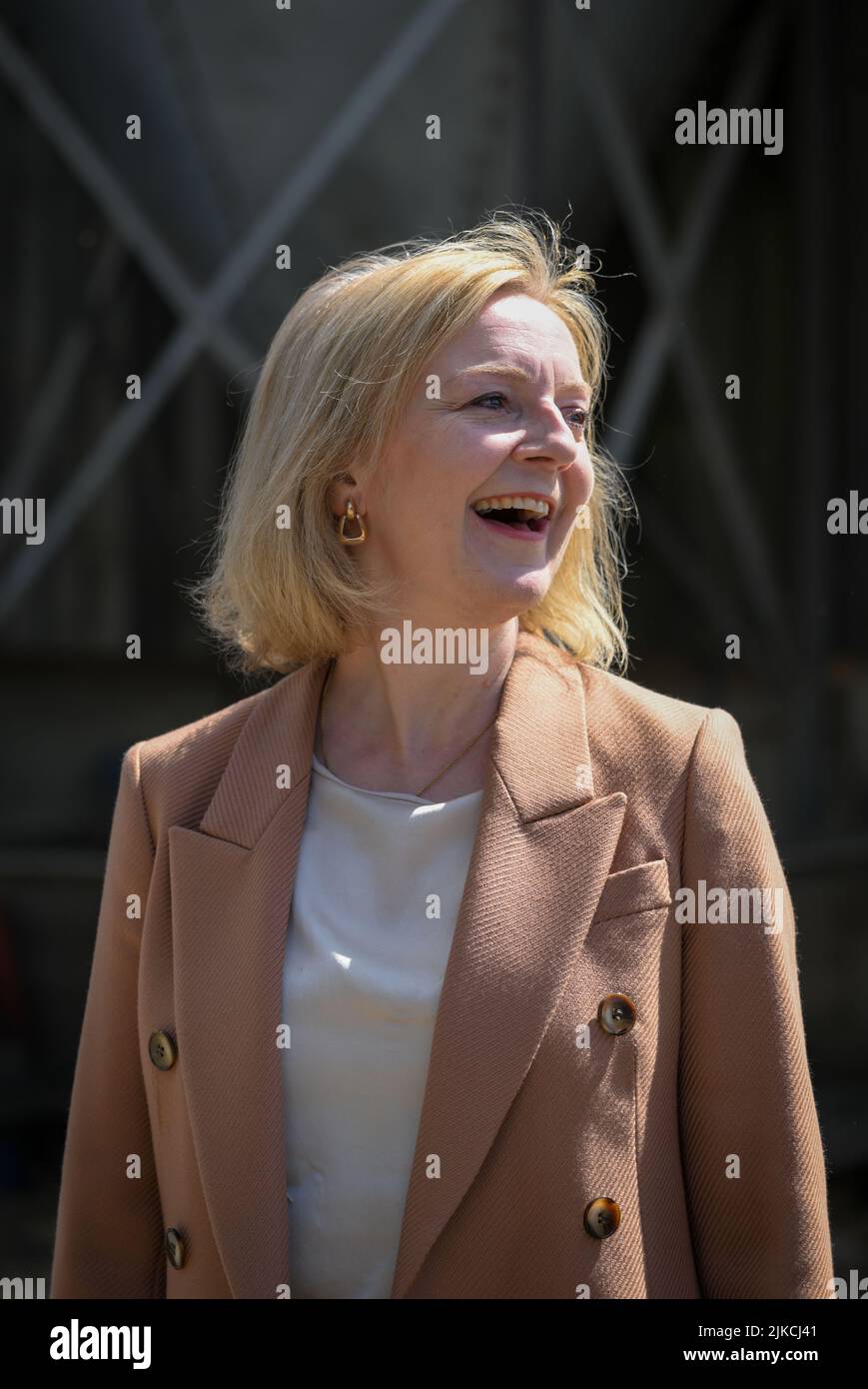 Liz Truss, during her visit to Twelve Oaks Farm in Newton Abbot, Devon ...