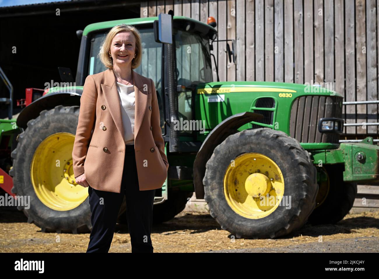 Liz Truss, during her visit to Twelve Oaks Farm in Newton Abbot, Devon ...