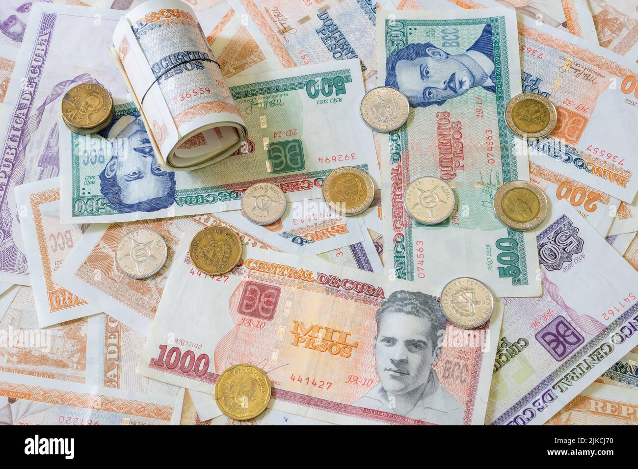 A top view of cash Cuban pesos and coins on the table - concept of ...