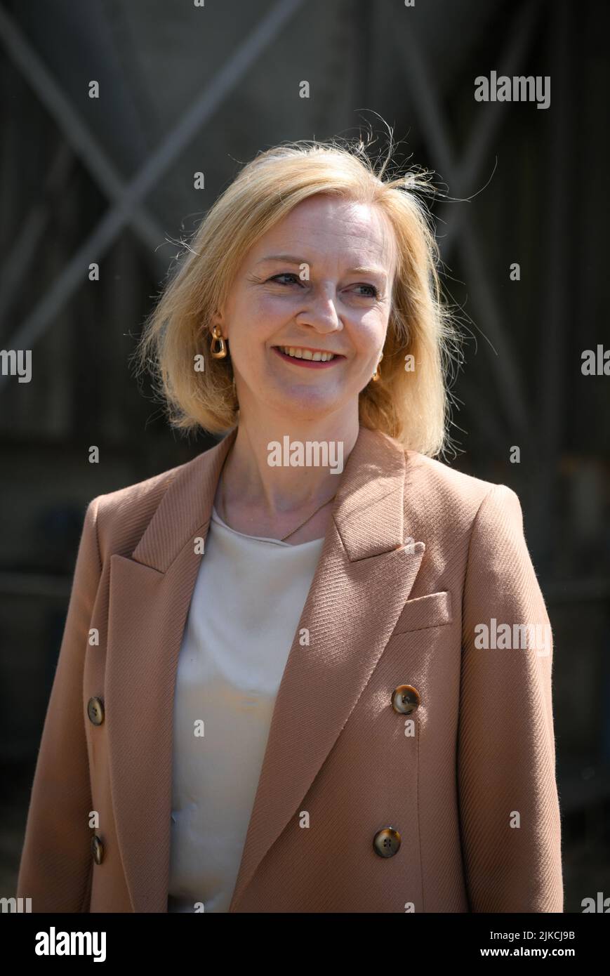Liz Truss, during her visit to Twelve Oaks Farm in Newton Abbot, Devon ...