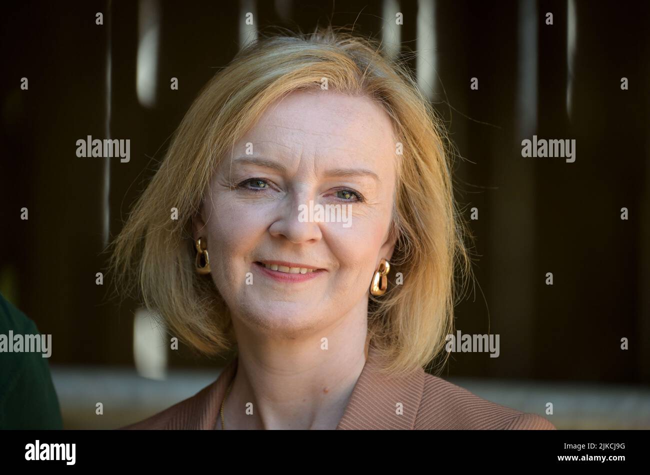Liz Truss, during her visit to Twelve Oaks Farm in Newton Abbot, Devon ...