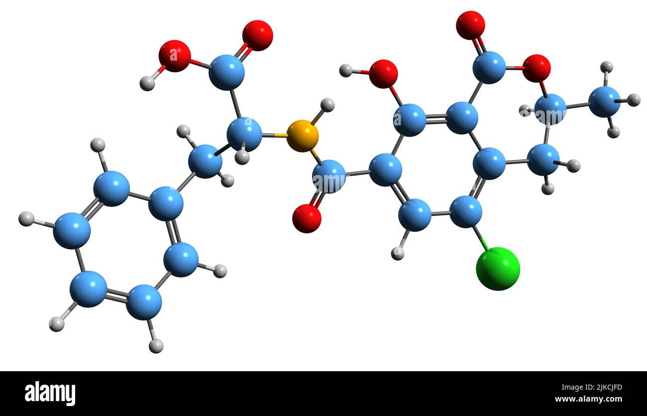 3D image of ochratoxin A skeletal formula - molecular chemical ...