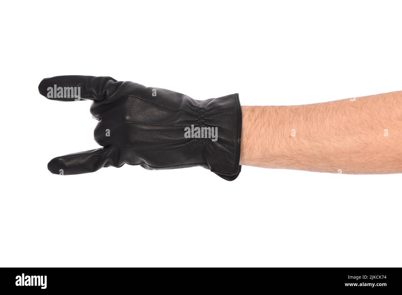 Man wearing black leather glove on white background, closeup. Side view ...