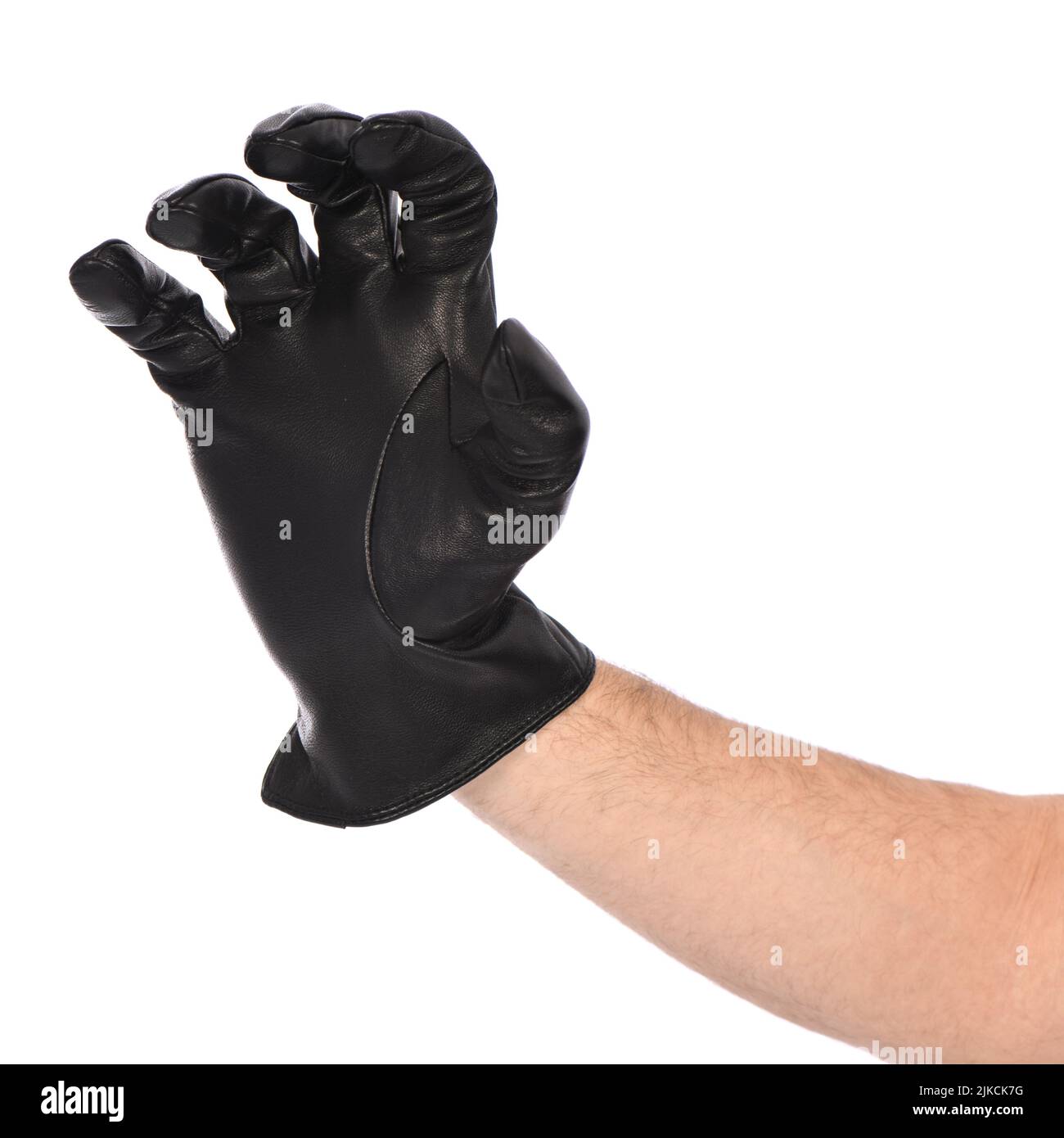Man wearing black leather glove on white background, closeup. Side view ...