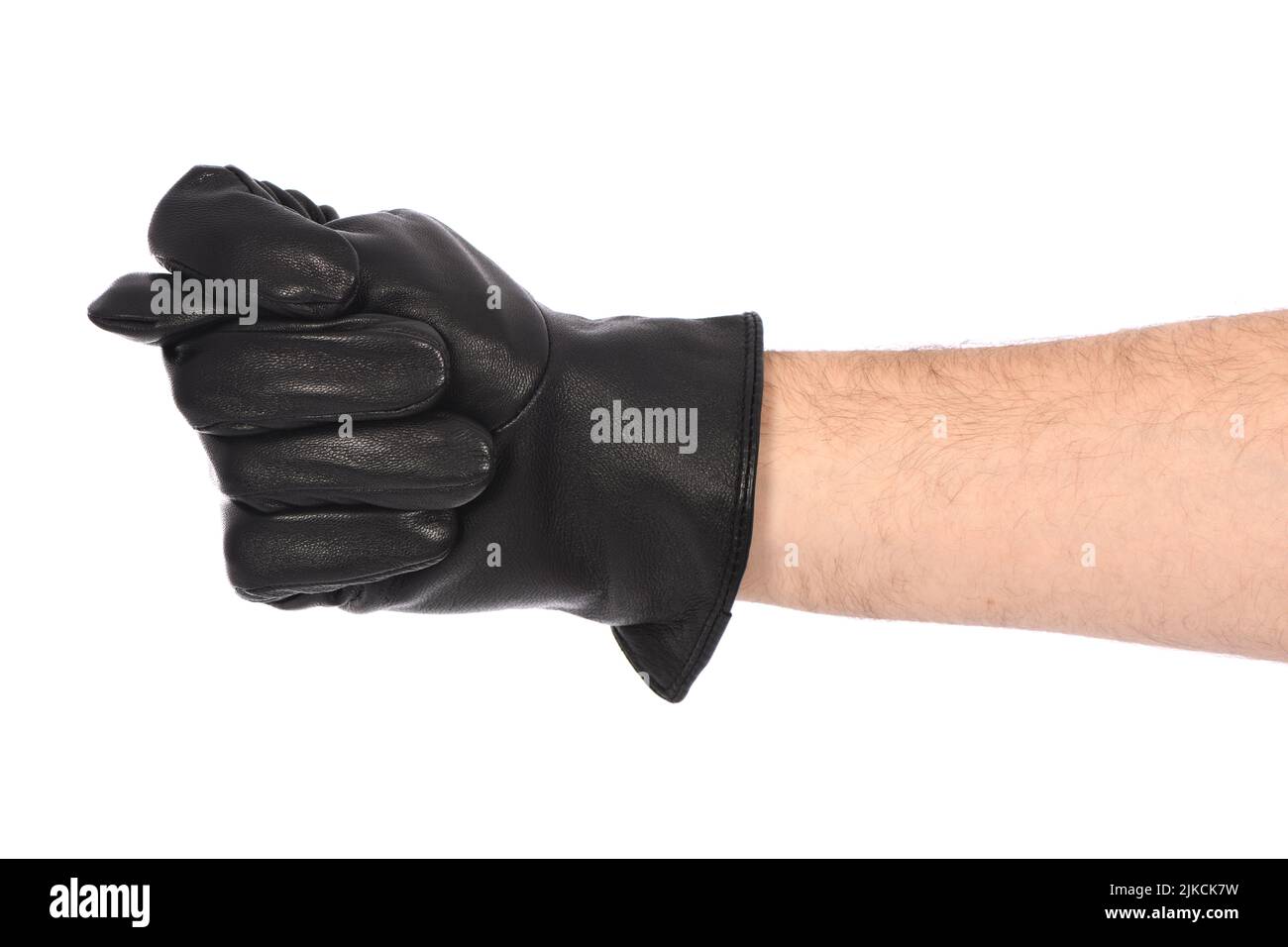 Man wearing black leather glove on white background, closeup. Side view ...