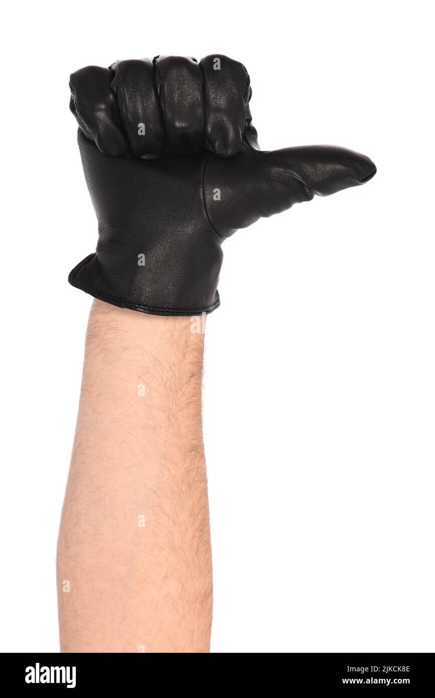 Man wearing black leather glove on white background, closeup. Thumb to ...