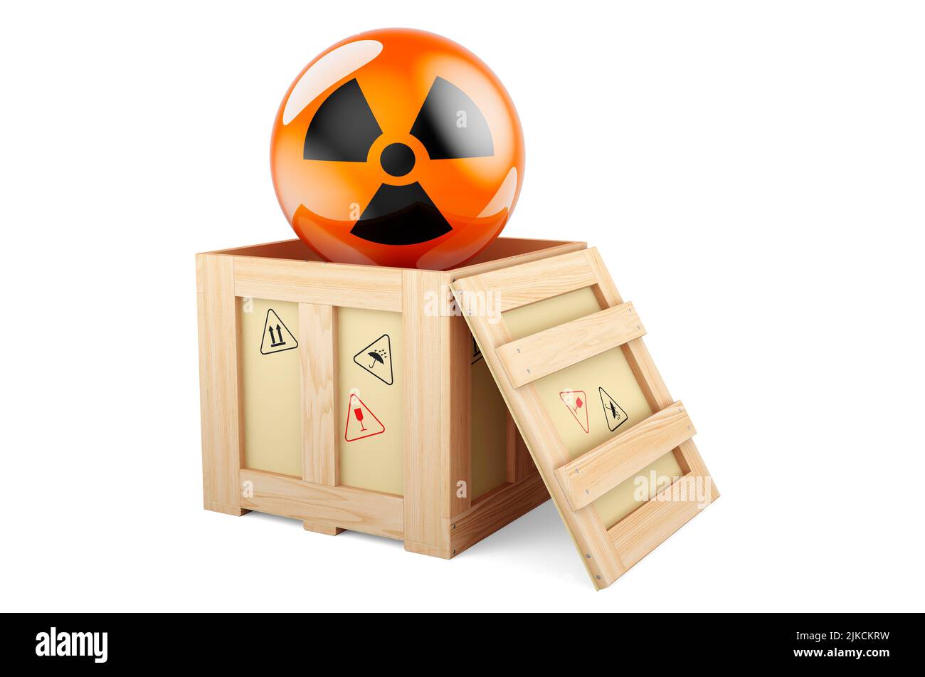 Wooden box, parcel with radiation sign. 3D rendering isolated on white ...