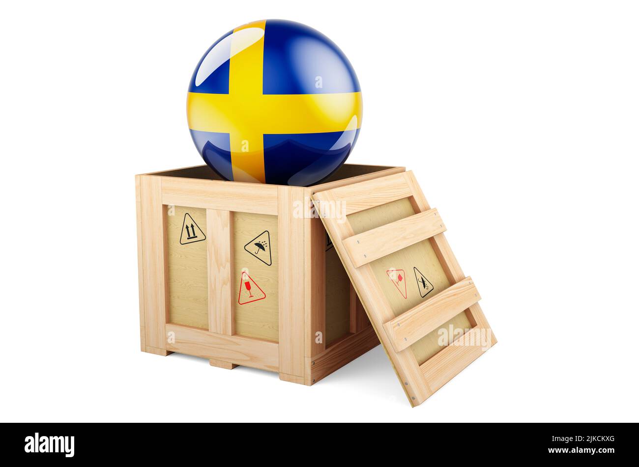 Wooden box, parcel with Swedish flag. Shipping and delivery in Sweden ...