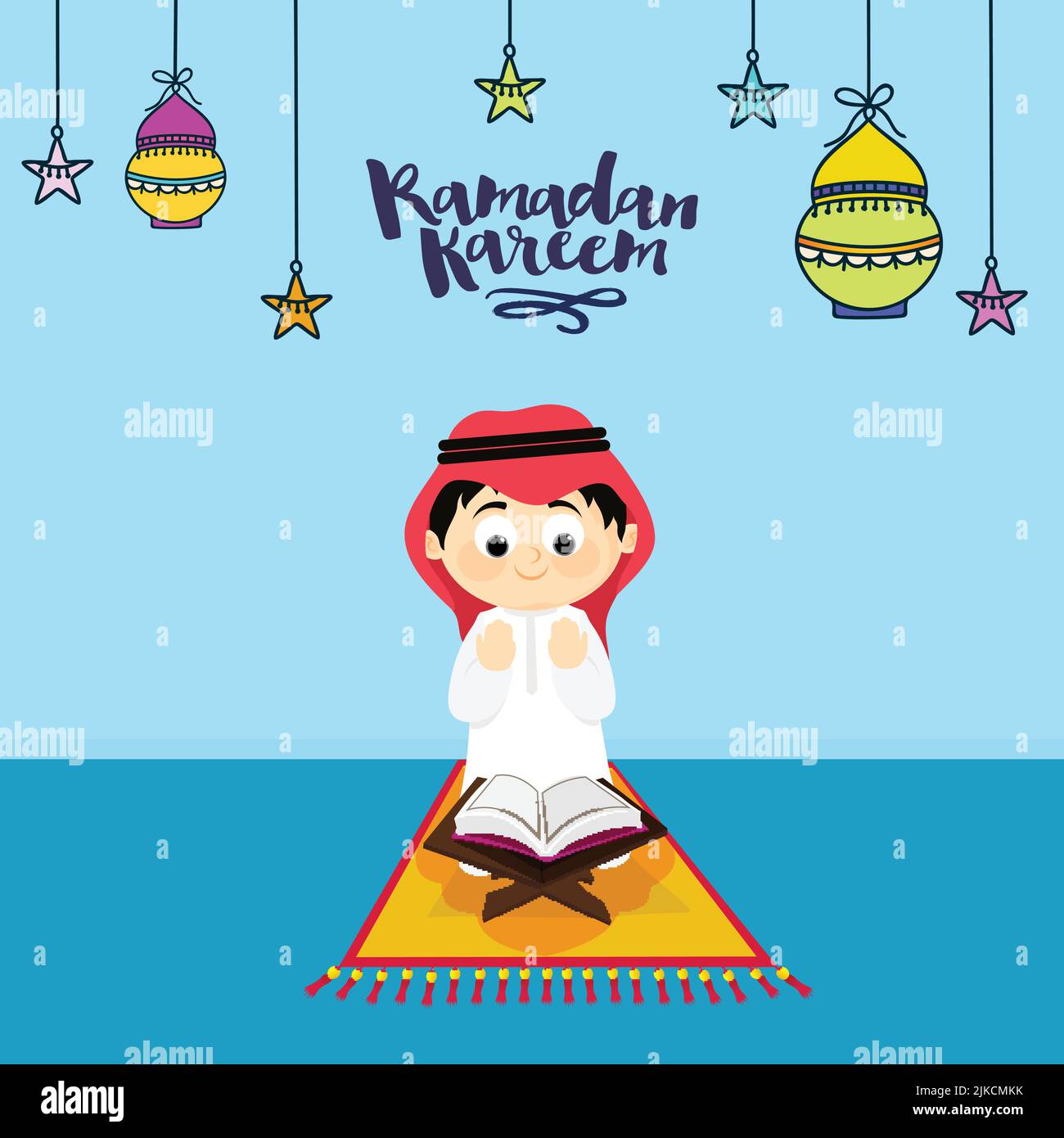 Arabian Boy Praying With Holy Book Quran Rehal At Mat, Lanterns, Stars ...