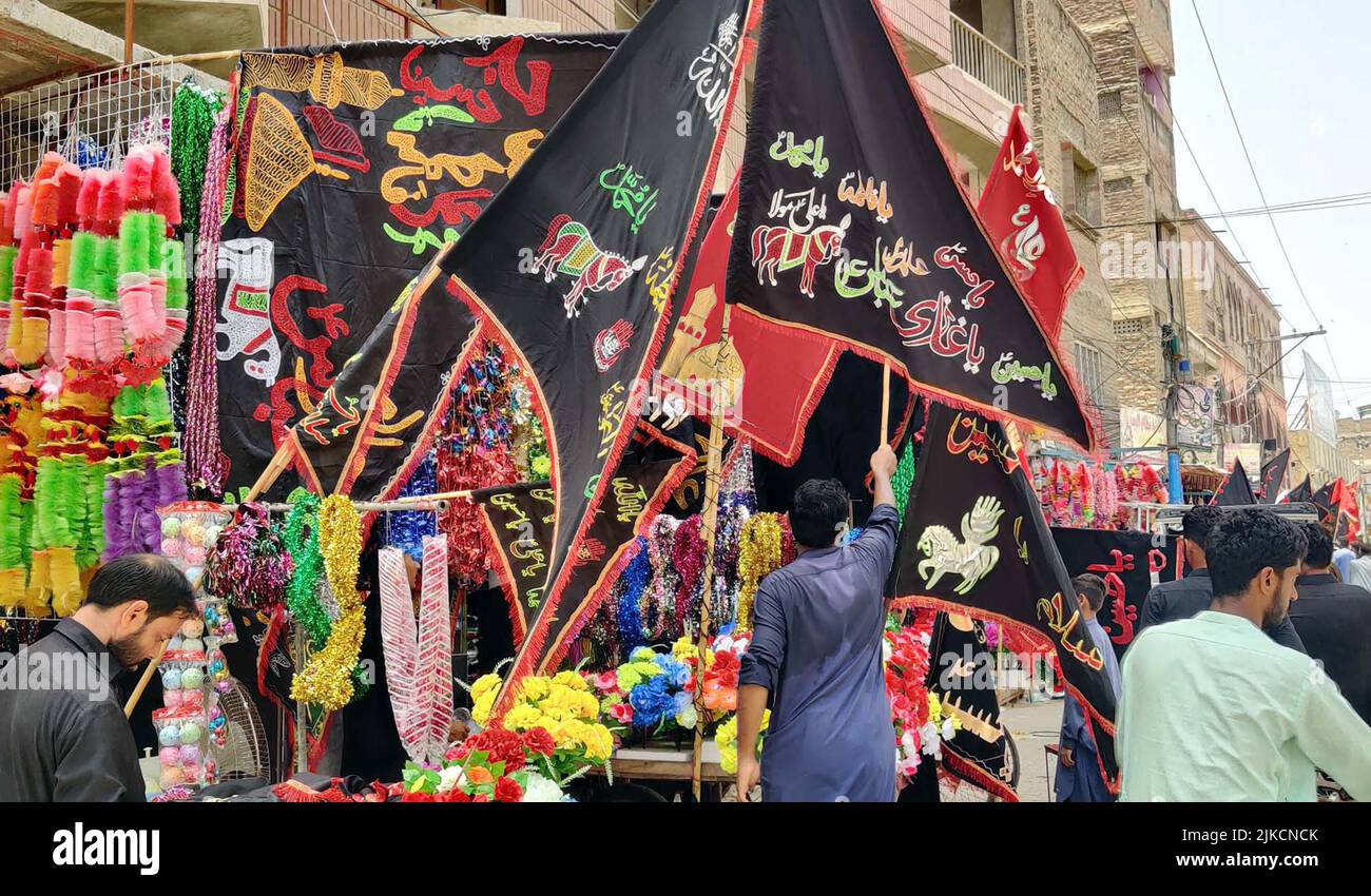 Karachi, Pakistan, August 01, 2022. Vendor sells sacred items used in ...