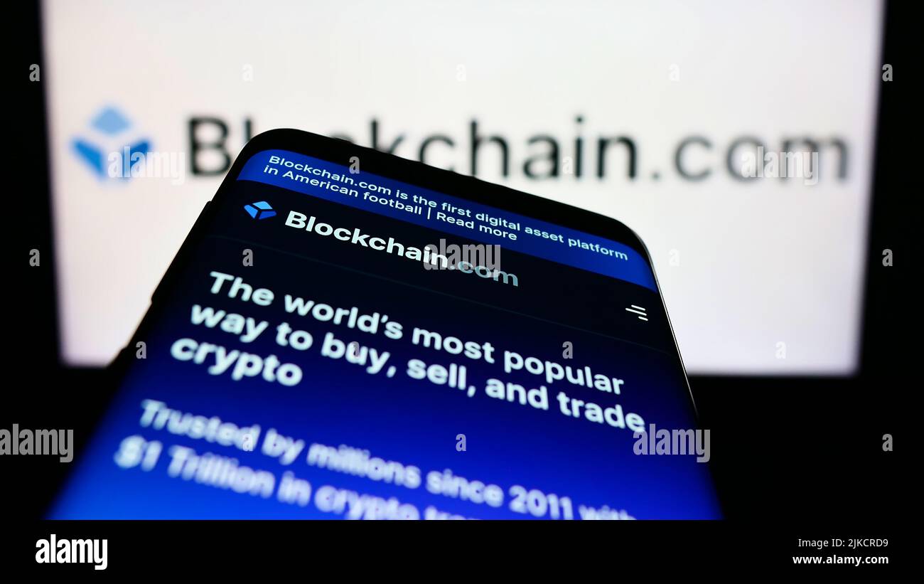 Mobile phone with website of cryptocurrency company Blockchain.com Inc ...