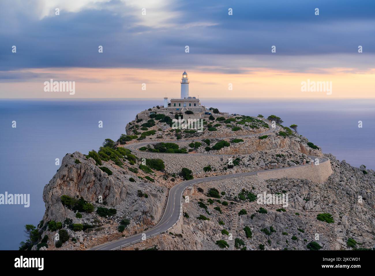 An aerial view of the Formentor Lighthouse on Cape Formentor cliff ...