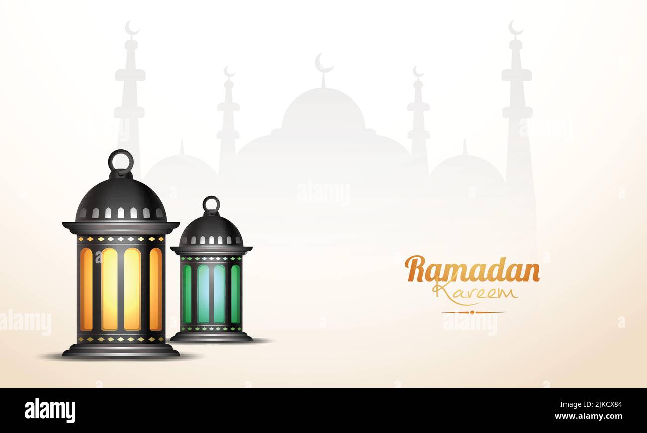 Golden Ramadan Kareem Font With Realistic Lit Lanterns On White ...