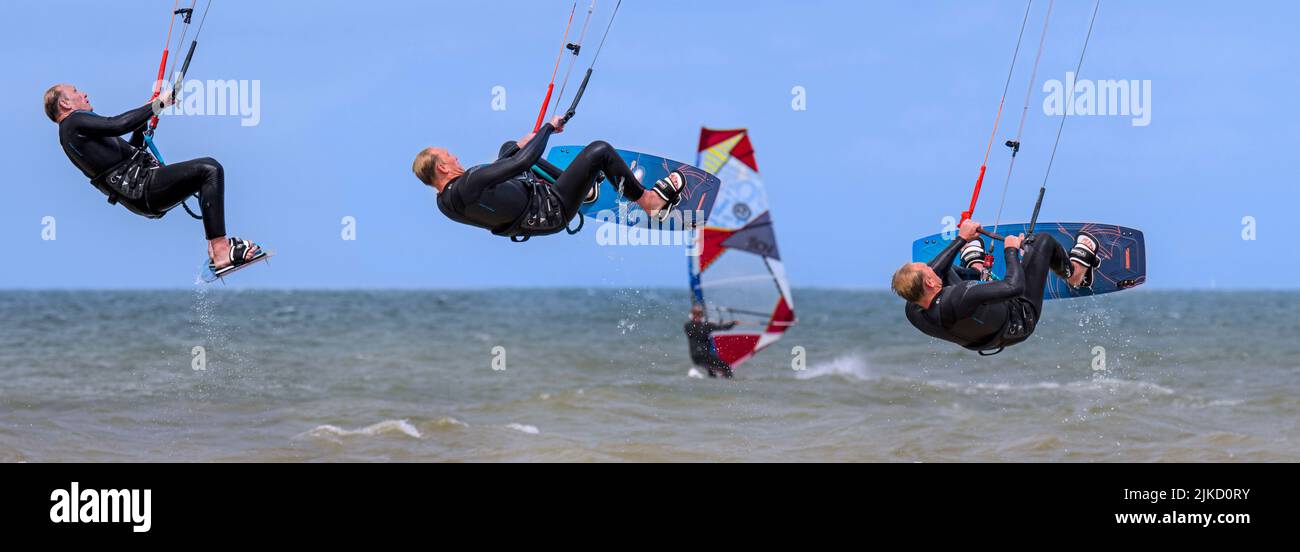 Kitesurfing sequence of kiteboarder / kitesurfer on twintip board ...