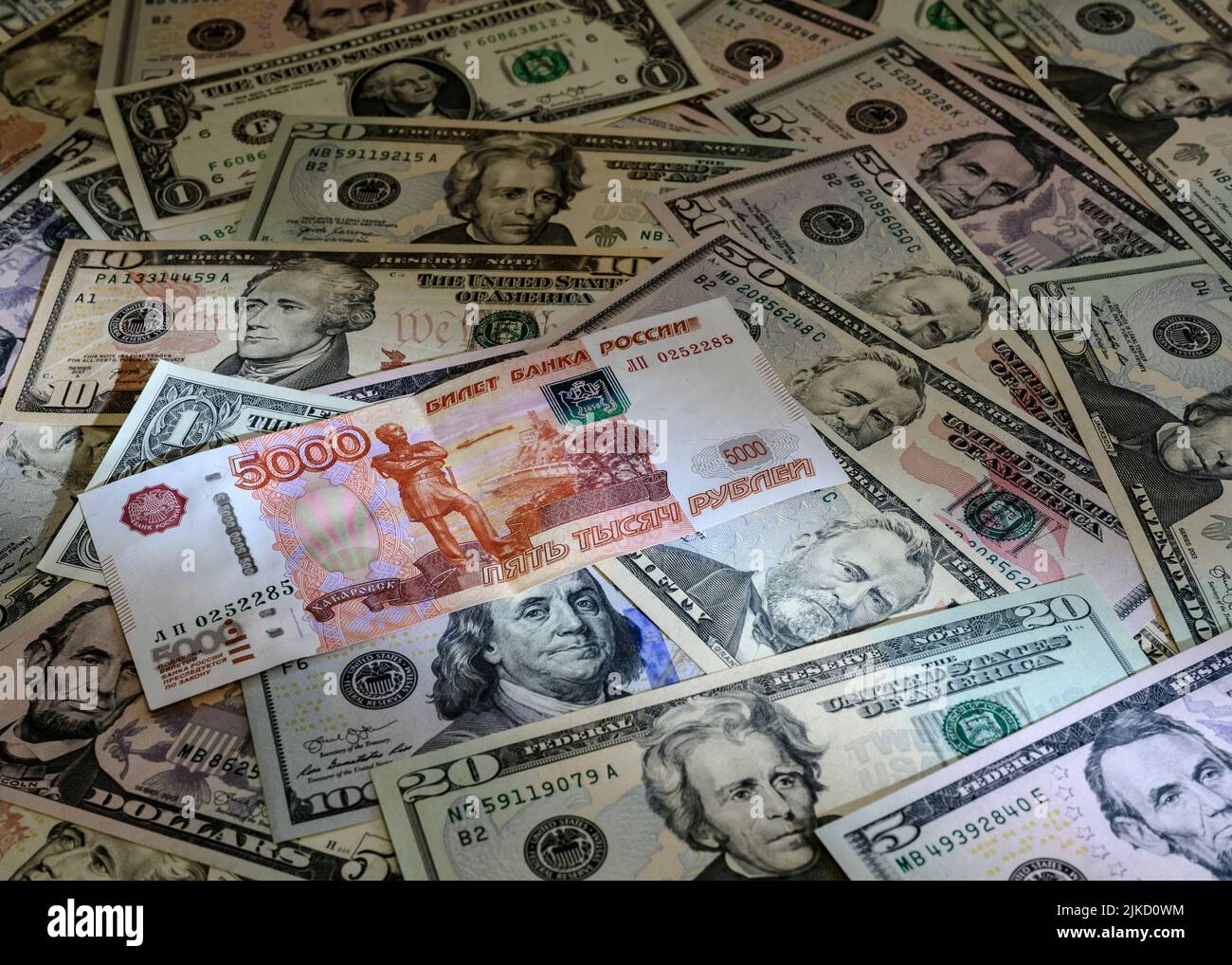 Russian banknote of 5000 rubles against the background of United States ...