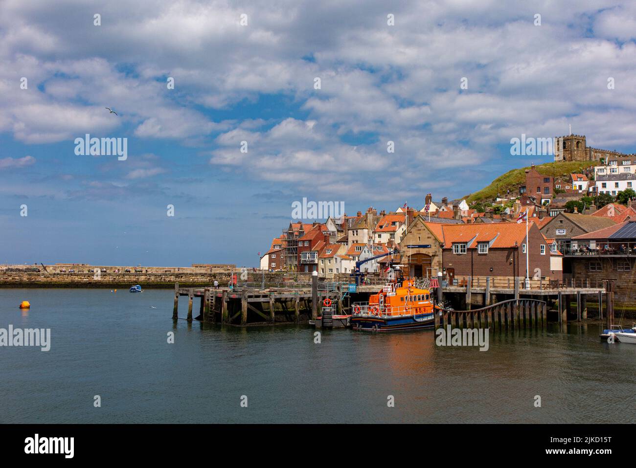 The Whitby lifeboat moored at the RNLI station in the Harbour of the ...