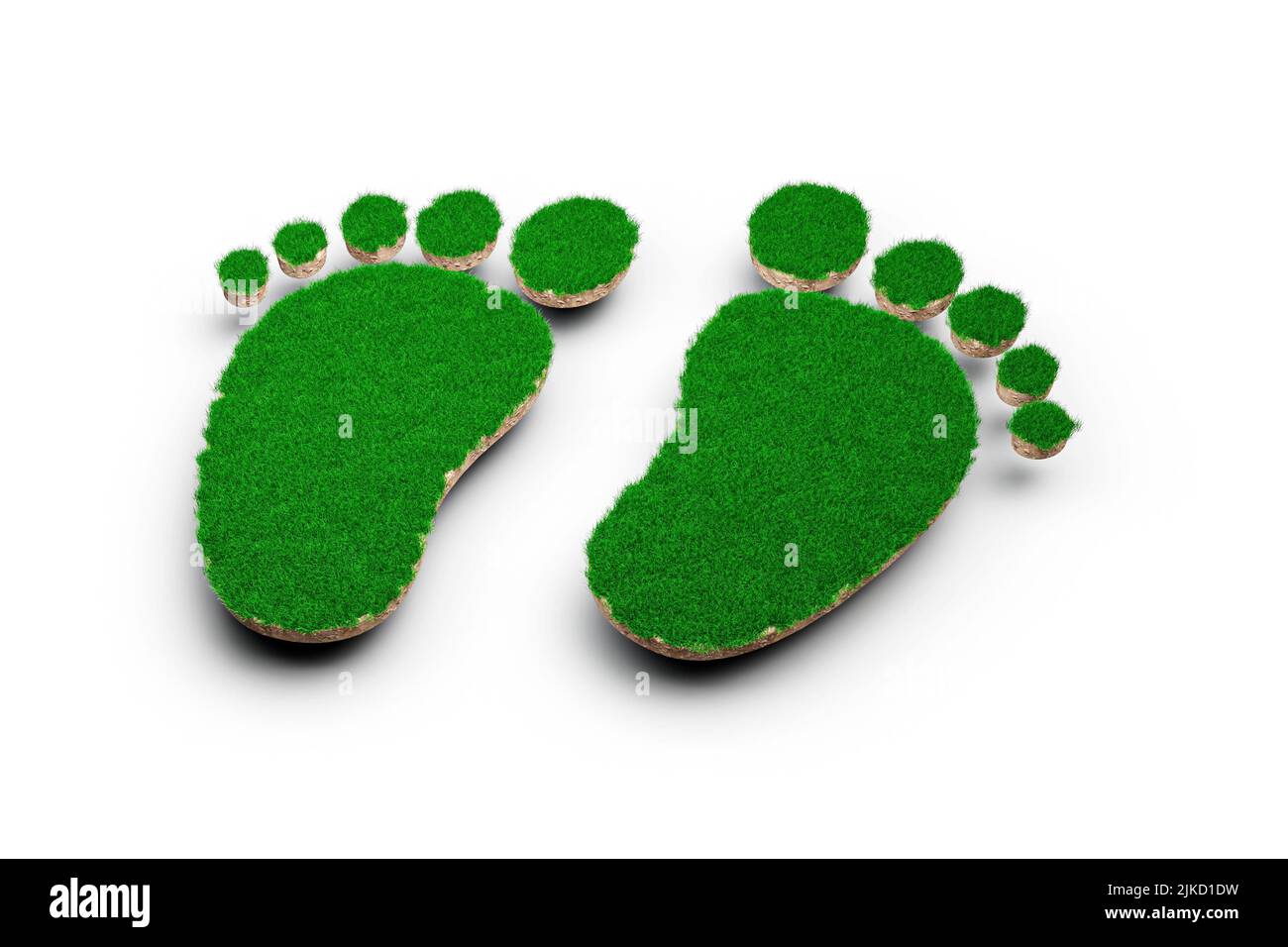 A 3D rendering of footprints made of green grass on the white ...