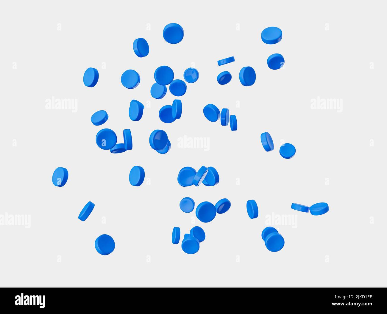 A 3D rendering of blue plastic polymer granules on a white background ...