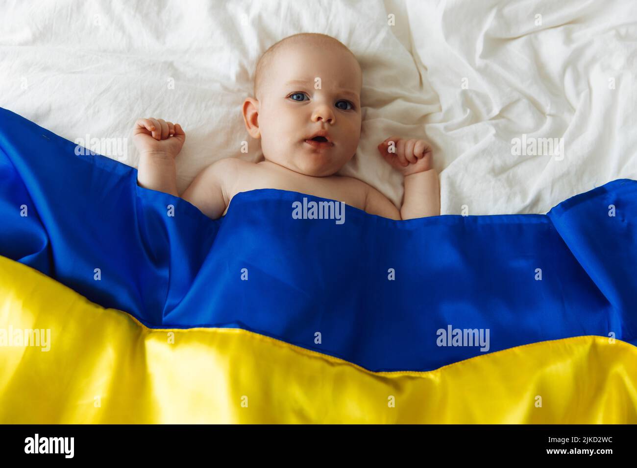 Portrait of a baby wrapped in the national blue and yellow flag of ...