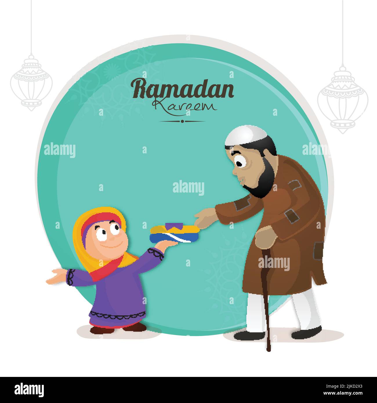 Cartoon Muslim Girl Offering Clothes To Poor Man On Turquoise And White ...