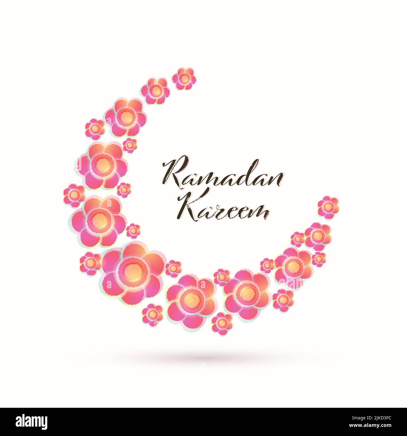 Ramadan Kareem Font With Crescent Moon Made By Glossy Flowers On White ...