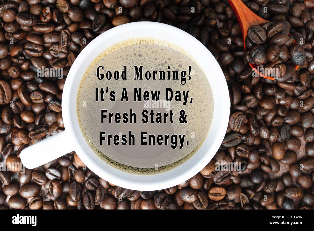 Motivational quote on cup of coffee on coffee beans background - Good ...