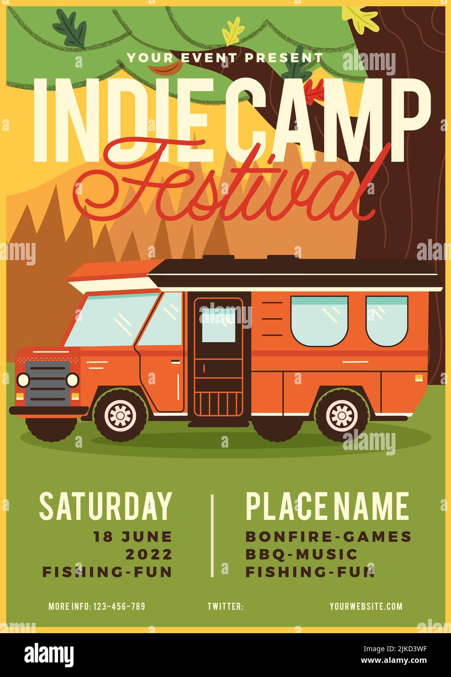Illustrated poster with text and camper van Stock Photo - Alamy