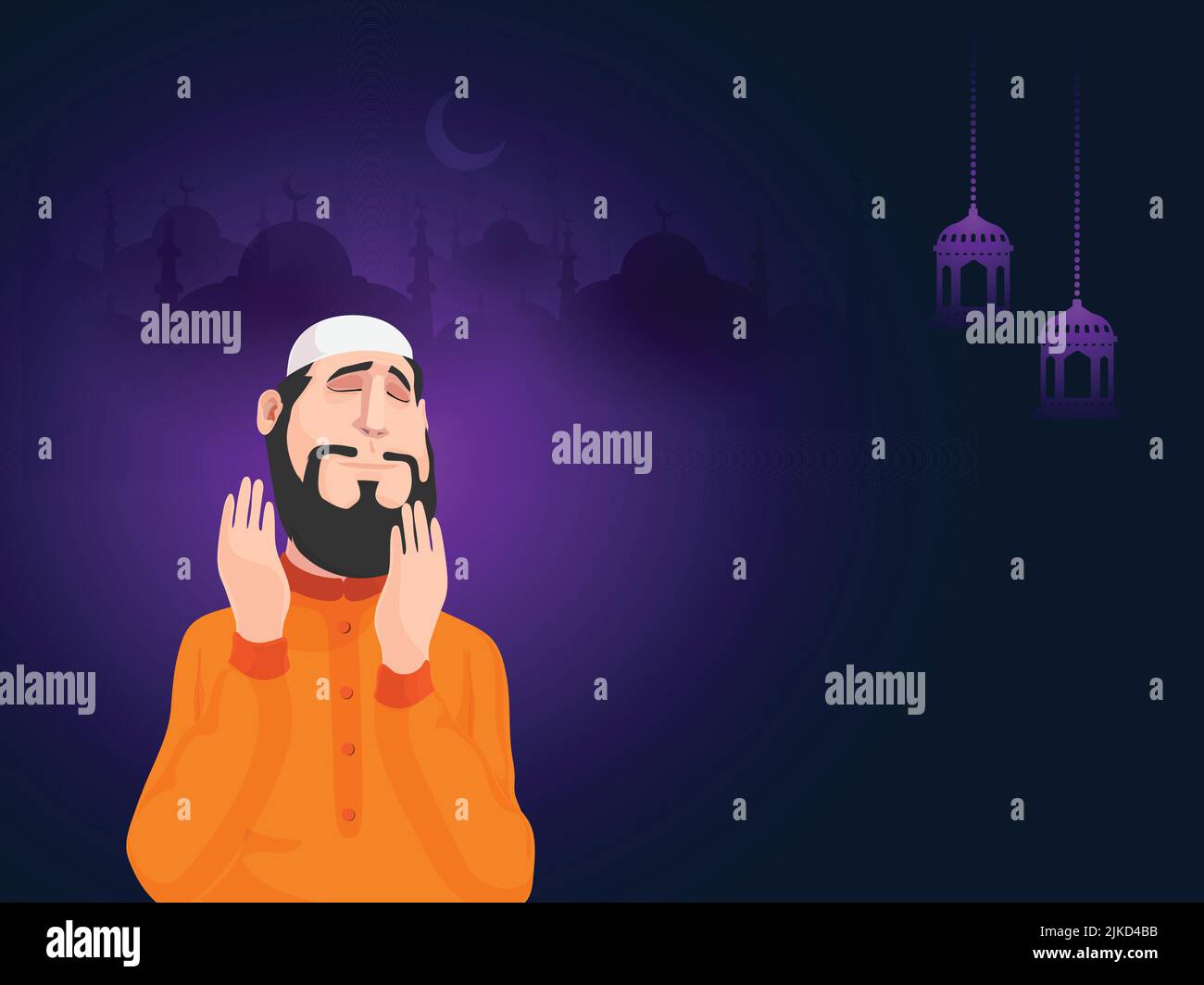 Islamic Man Offering Prayer (Namaz) And Hanging Lanterns On Purple And ...