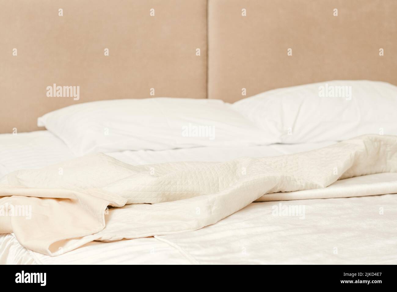 new day beginning morning routine empty messy bed Stock Photo - Alamy