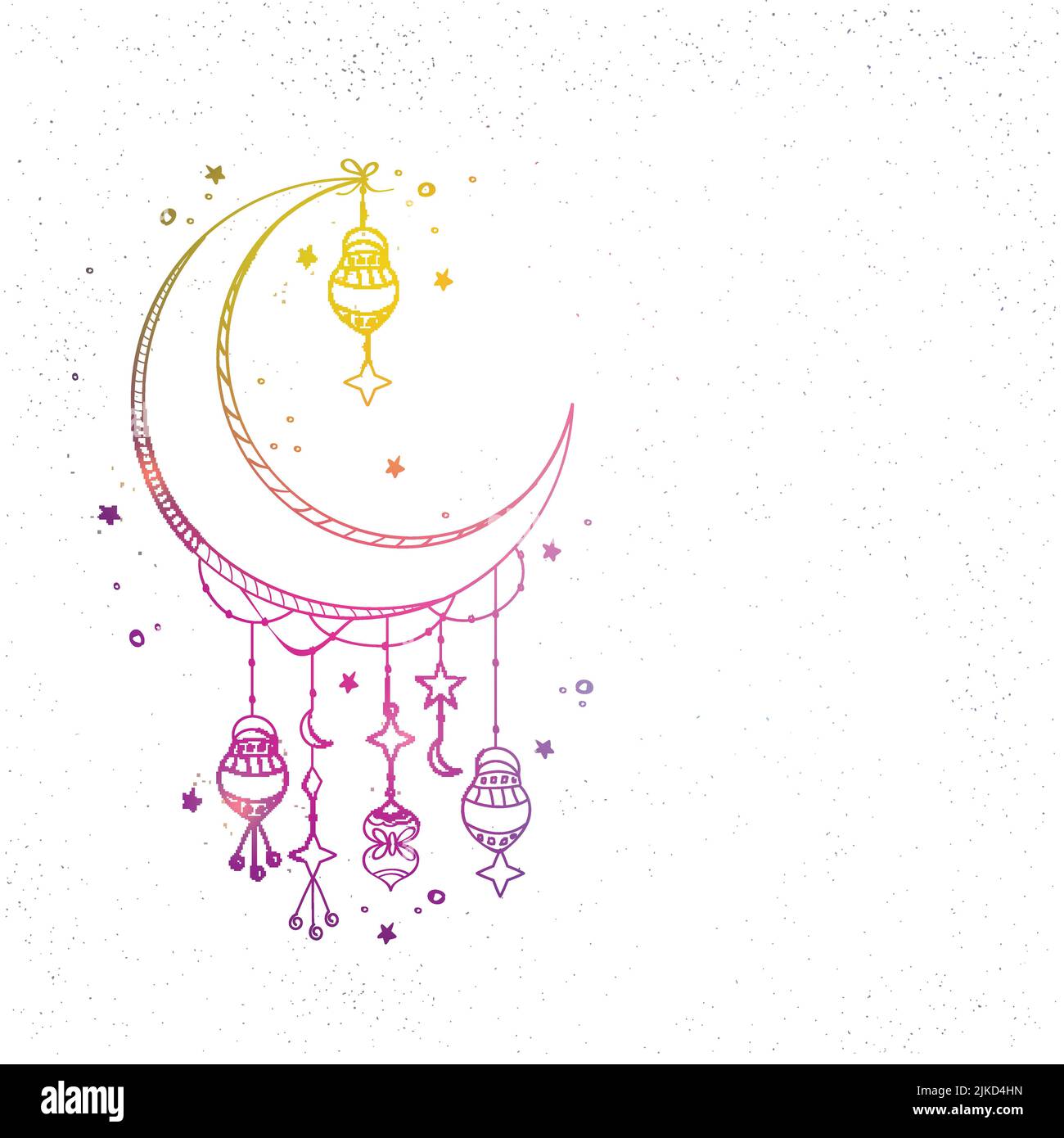 Linear Style Crescent Moon With Hanging Lanterns, Stars Decorated White ...