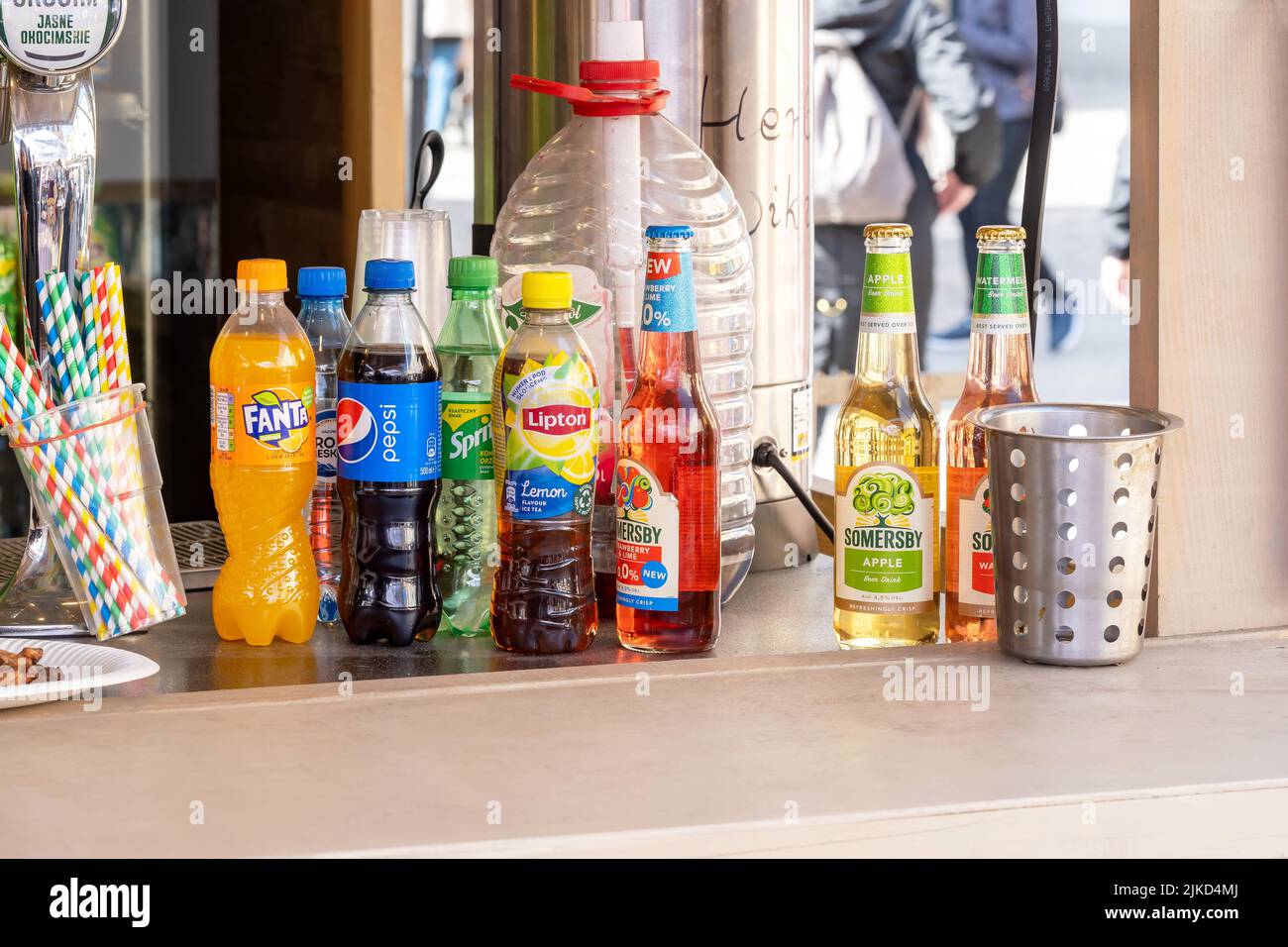A set of various sugary drinks and beer, different cold beverage brands ...