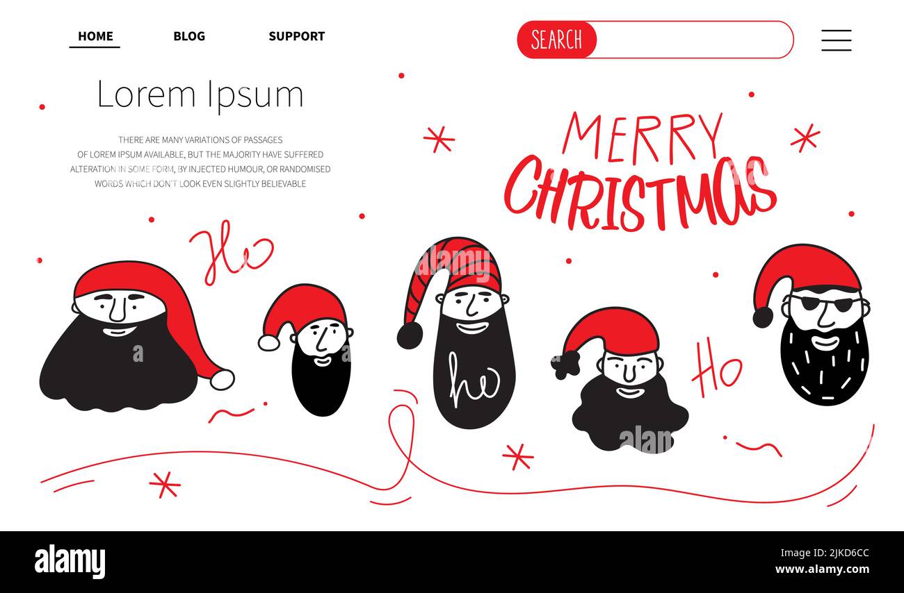 Merry Christmas web landing page with set of avatars head Santa Claus and lettering Merry ...