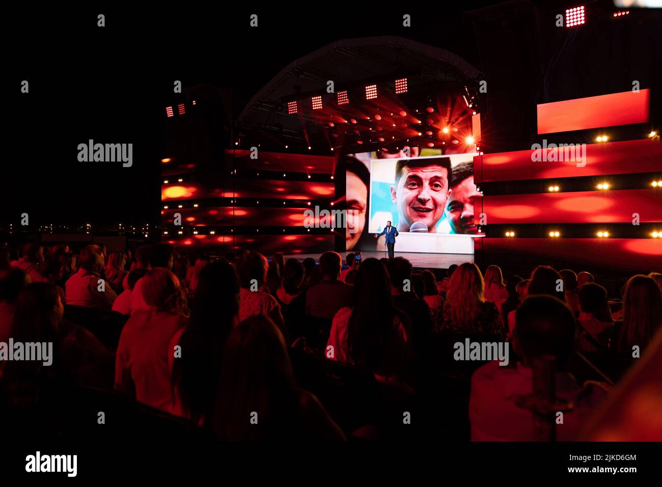 ODESSA, UKRAINE August 14, 2019: Concert 95 Kvartal. Rear view of crowd ...