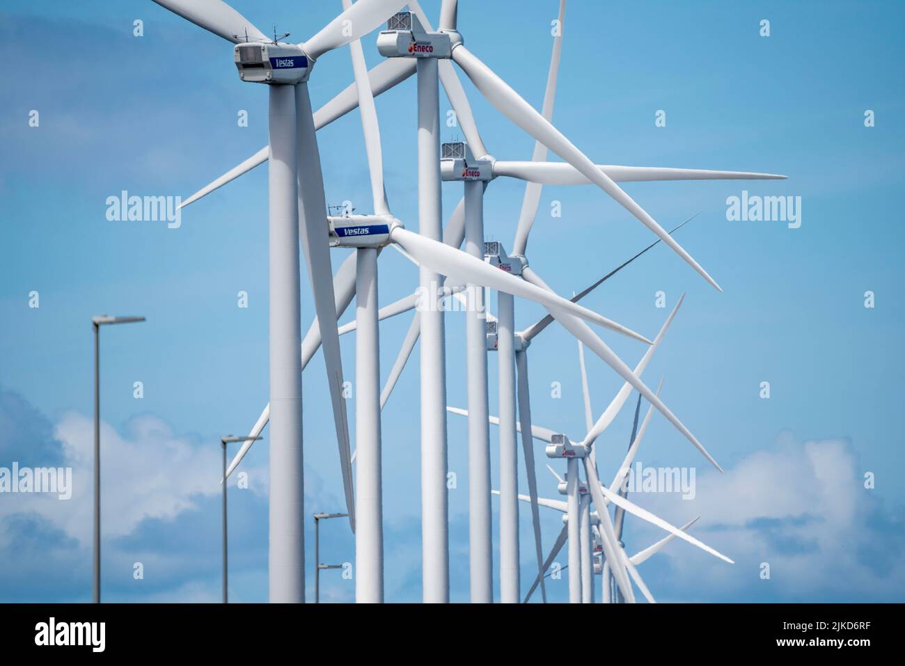Wind farm on the Nordzeeweg, on a long spit of land between the Maas ...
