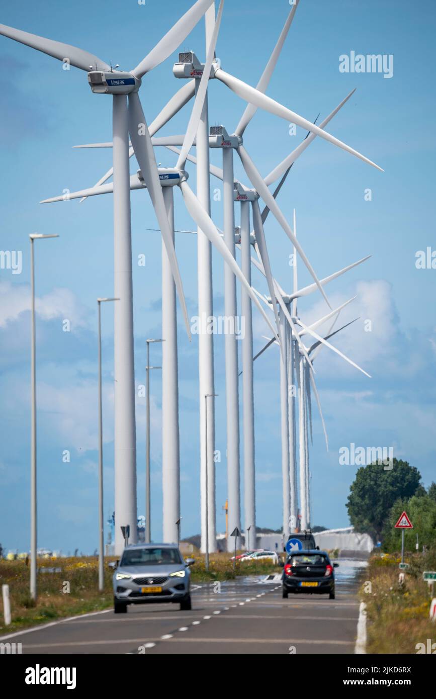 Wind farm on the Nordzeeweg, on a long spit of land between the Maas ...