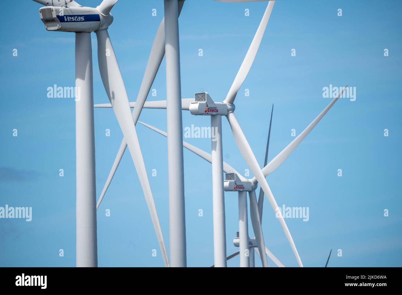 Wind farm on the Nordzeeweg, on a long spit of land between the Maas ...