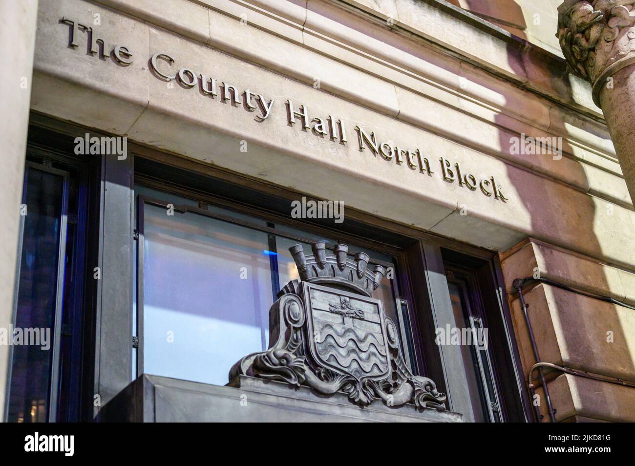 LONDON - May 17, 2022: The County Hall North Block sign above the ...