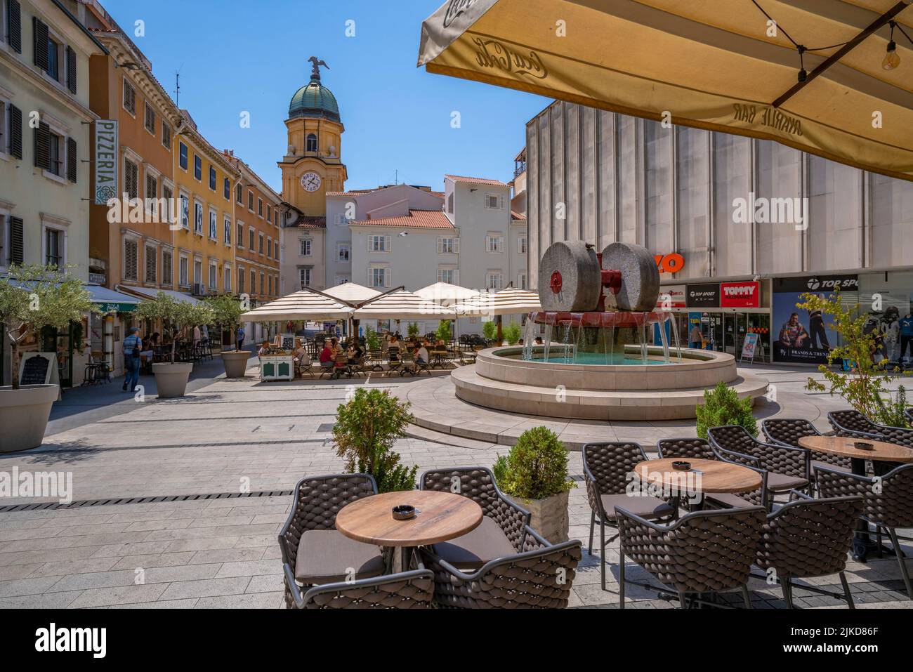 View of City Clock Tower and restaurants in Trg Ivana Koblera in old ...