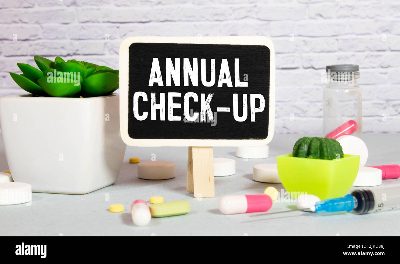 Stethoscope, Medicine, Chalk board and flower with inscription annual ...