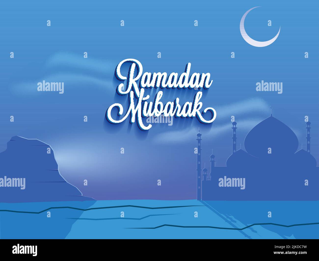 3D White Ramadan Mubarak Font With Paper Style Mosque And Crescent Moon ...