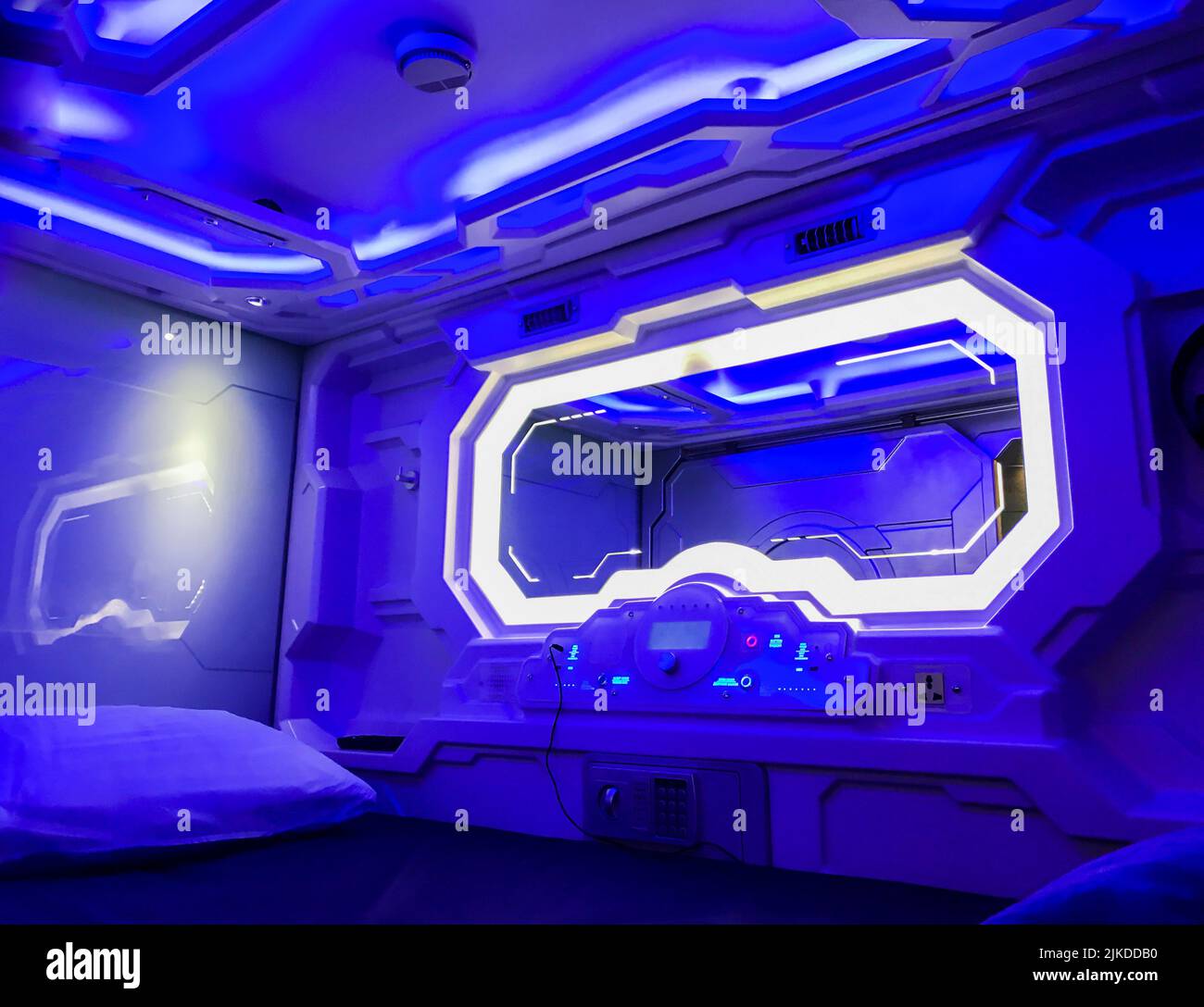 Moscow, Russia, March 2019: Capsule hotel. Sleeping pod interior: a ...