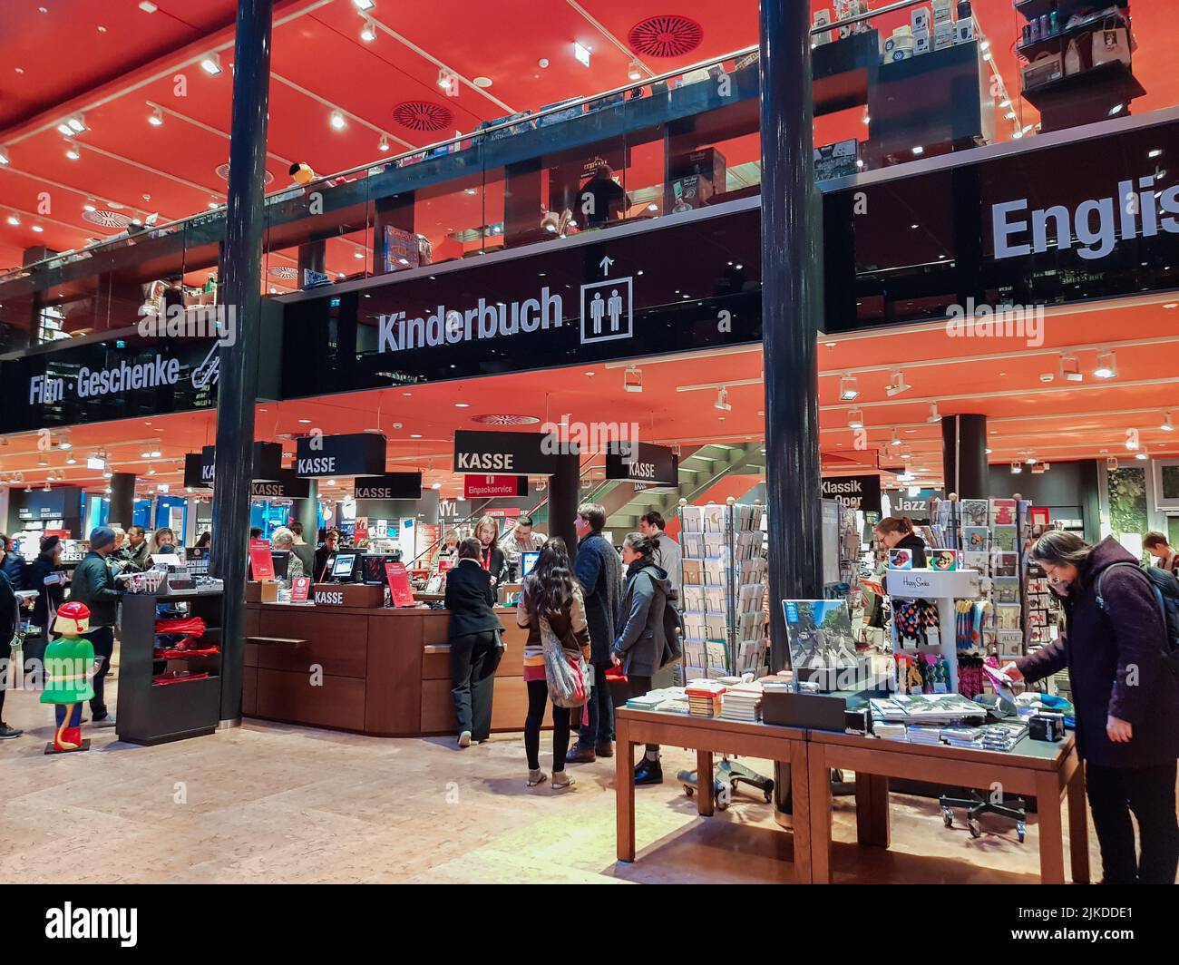 Berlin, Germany, October 2019: Inside a large bookstore: customers look ...