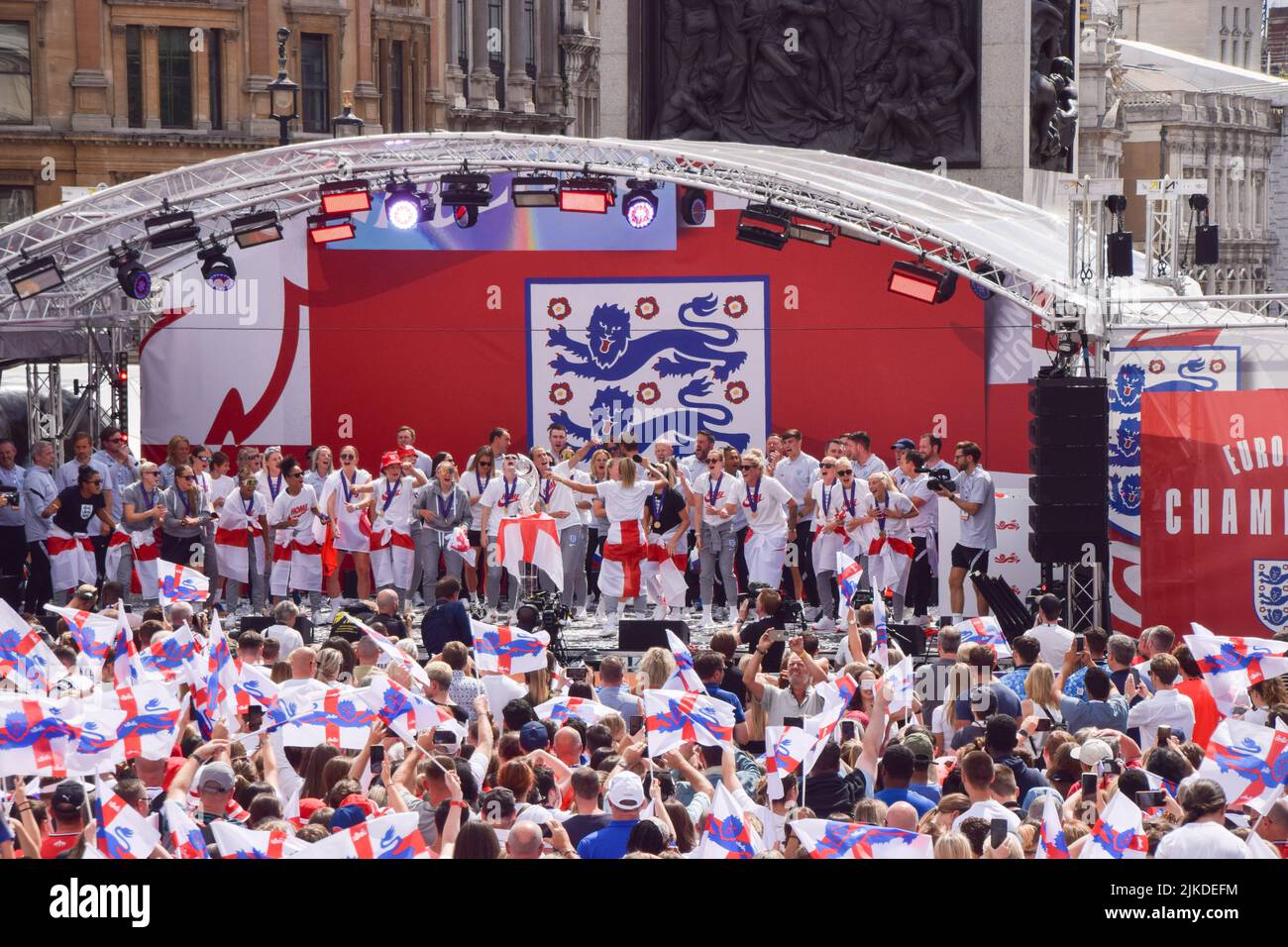 London, UK. 1st August 2022. The Lionesses celebrate on stage ...