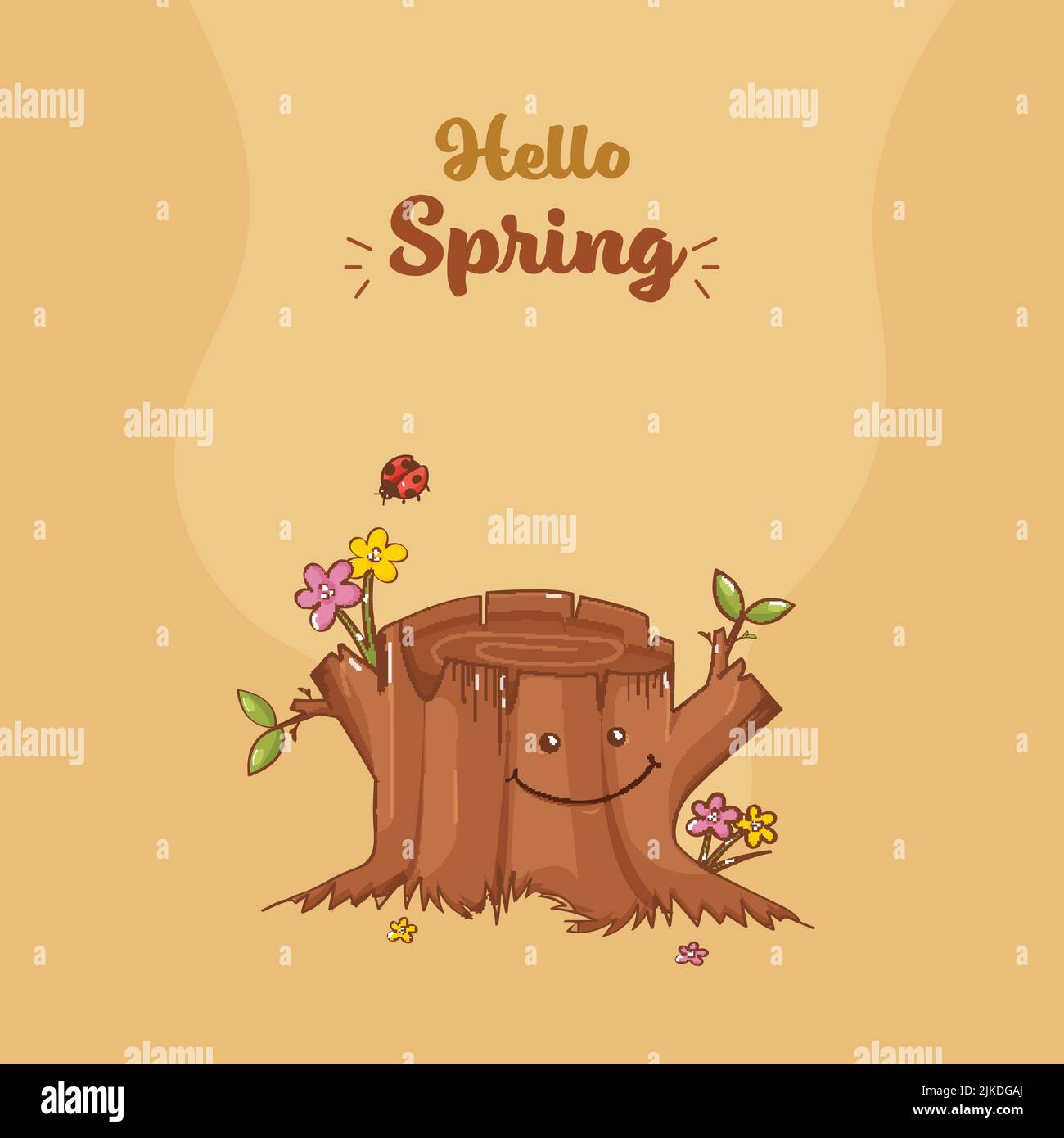 Hello Spring Poster Design With Smiley Tree Stump, Flowers And Ladybug ...