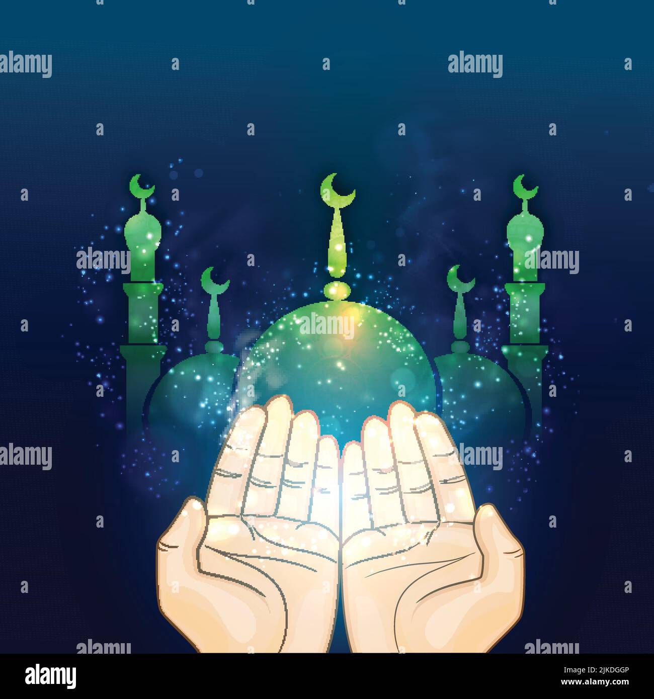 Islamic Human Hands Praying With Mosque On Blue Lights Effect ...