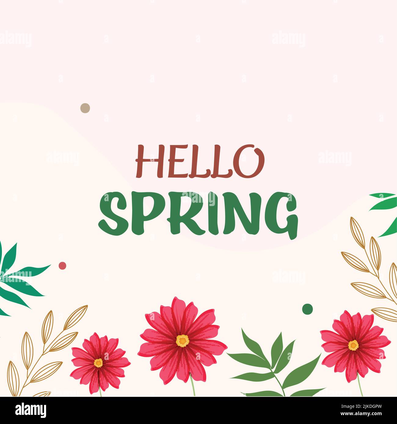 Hello Spring Font With Flowers, Leaves Stem Decorated On Pastel Pink ...
