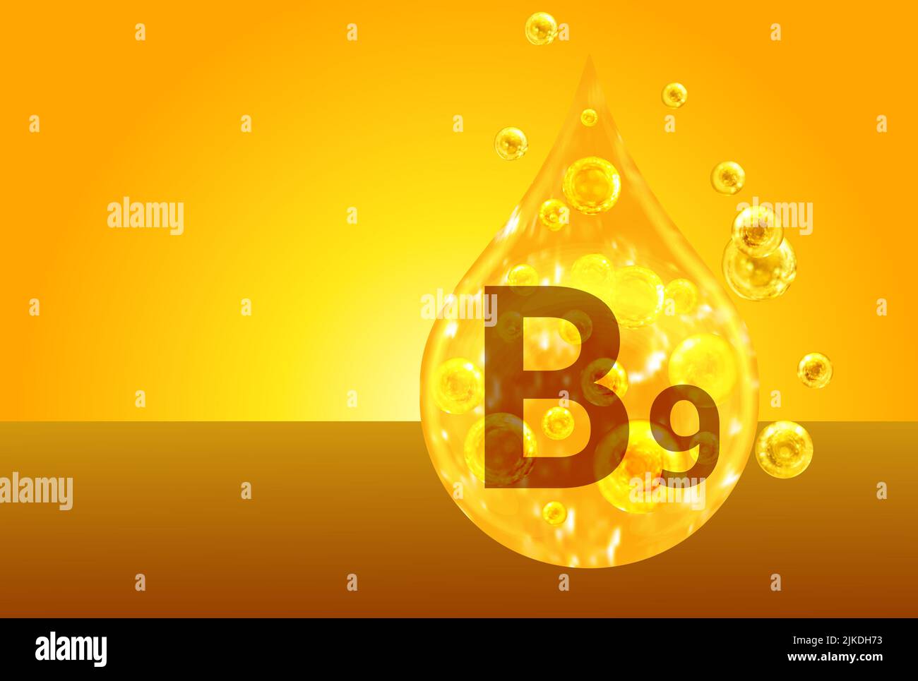 Vitamin B9. Golden drops with oxygen bubbles. Health concept Stock ...